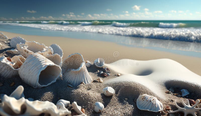 Ocean Beach with Shells, Generative Ai Stock Illustration ...