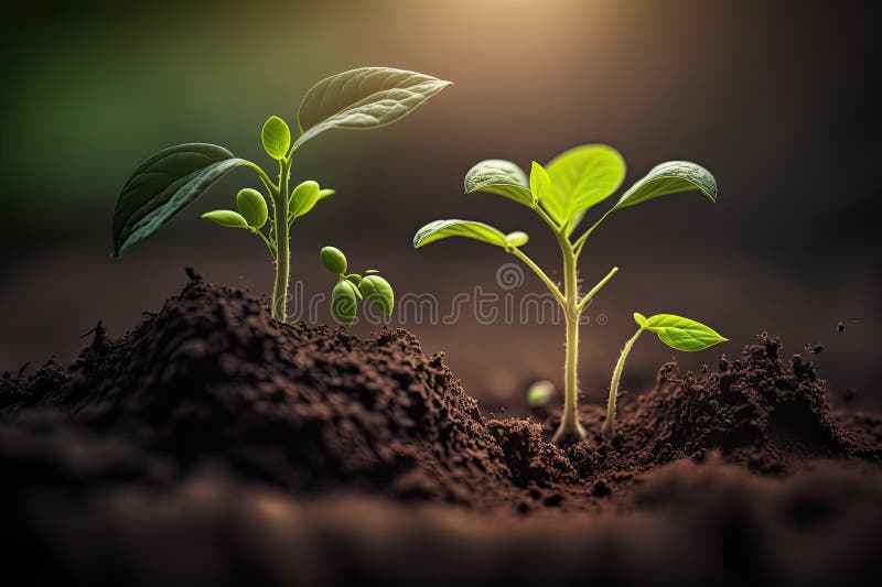 Realistic Illustration of Small Plants Sprouting from Soil with Sun Ray ...