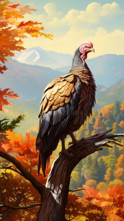 Realistic Illustration of Turkey Perched on Tree Branch in Fall ...