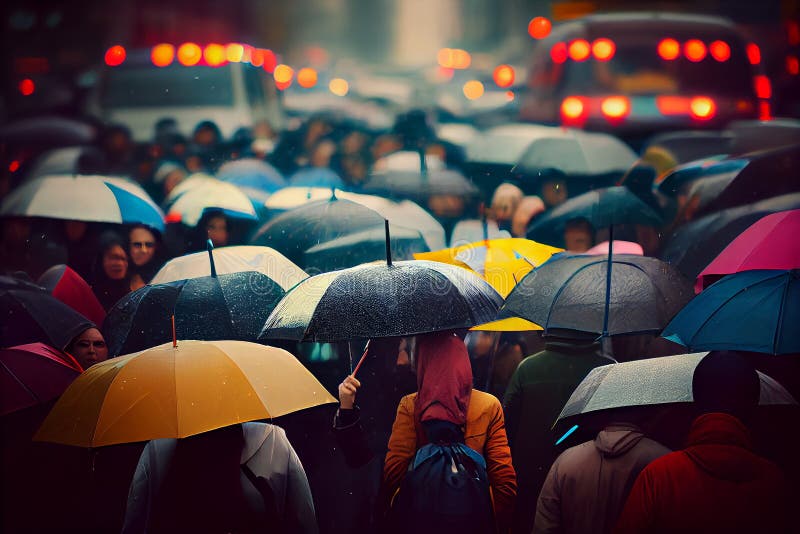 Ilustration, Crowd of Peples with Umbrellas in Rainy Day, Generative Ai ...