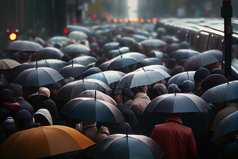Ilustration, Crowd of Peples with Umbrellas in Rainy Day, Generative Ai ...