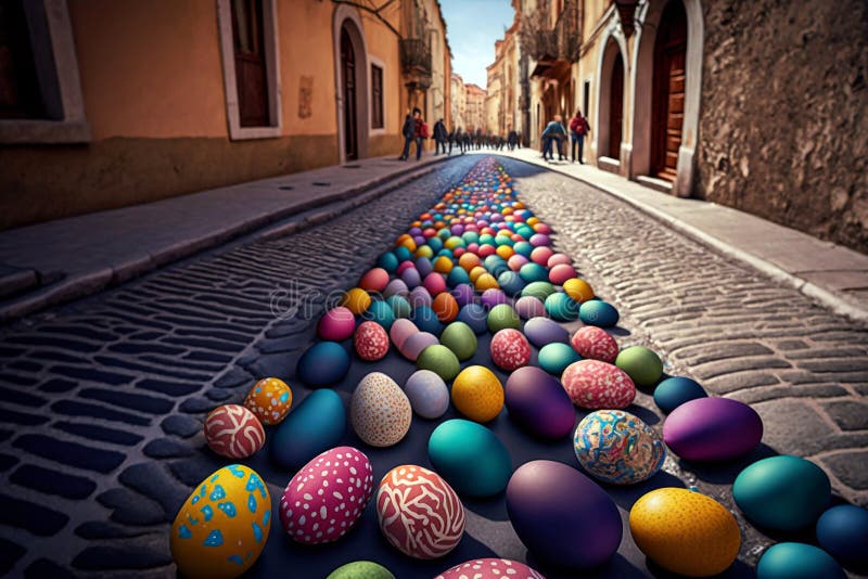 Ilustration, an Old Town Street Paved with Multicolored Easter Eggs ...