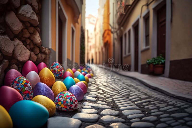 Ilustration, an Old Town Street Paved with Multicolored Easter Eggs ...