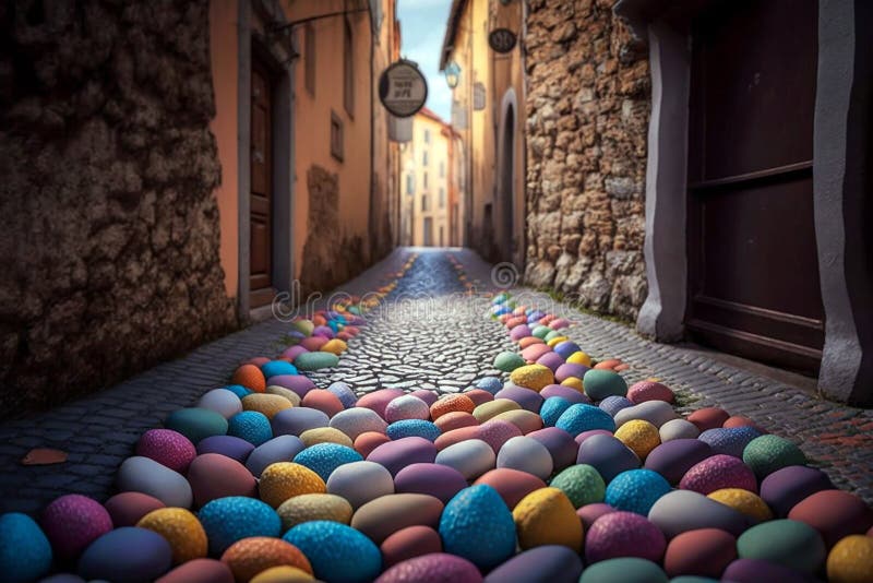 Ilustration, an Old Town Street Paved with Multicolored Easter Eggs ...