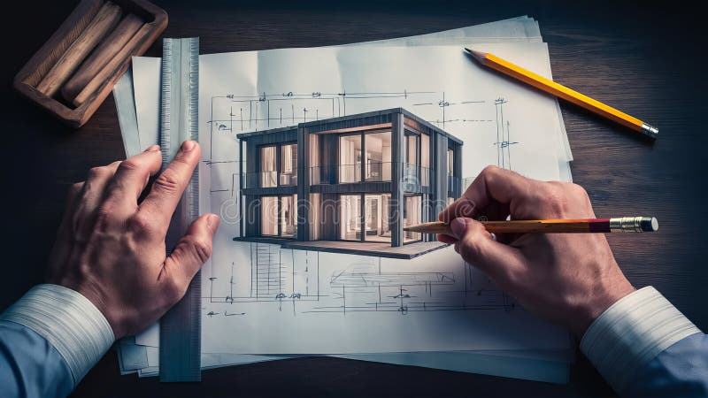 Hands of a Man with a Pencil and Ruler Over a Drawing on a Table Stock ...