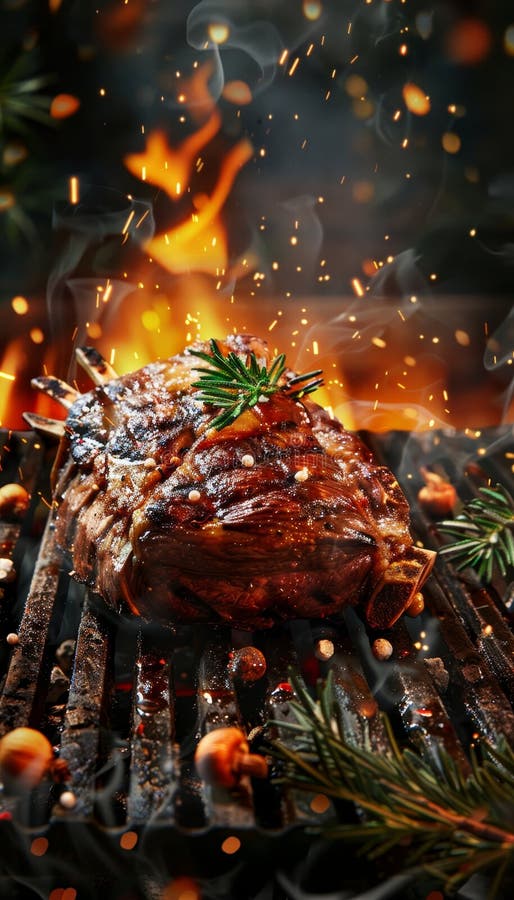 A Realistic Image of Beef Rib Grilling Over an Open Fire on a Grate in ...
