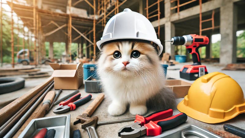 Adorable Cat in Worker S Helmet at Construction Site Stock Illustration ...