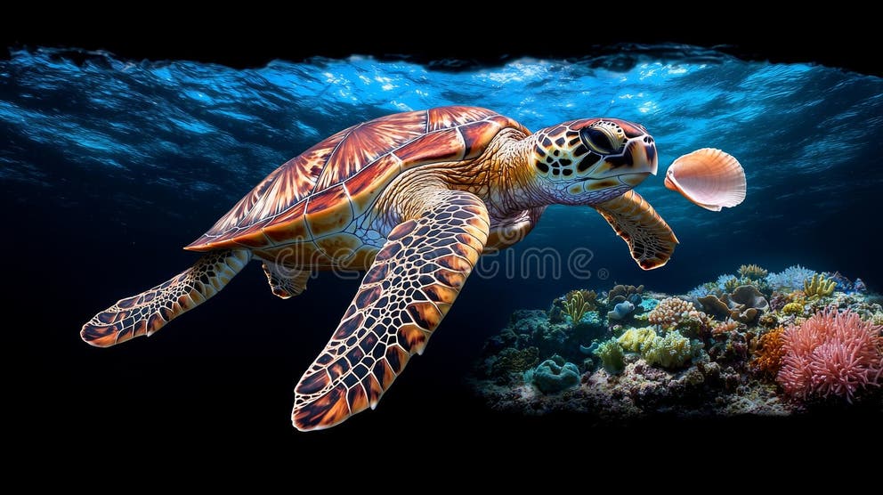 A Realistic Image Capturing a Turtle Swimming in Pristine Blue Waters ...