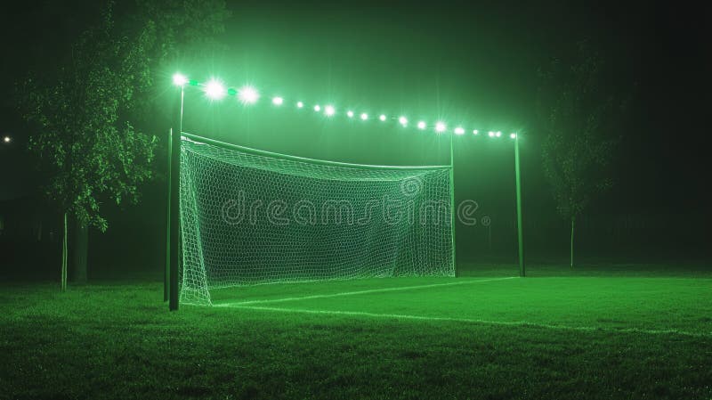 Realistic Image of a Goal Net on a Green Field with Illuminating Lights ...