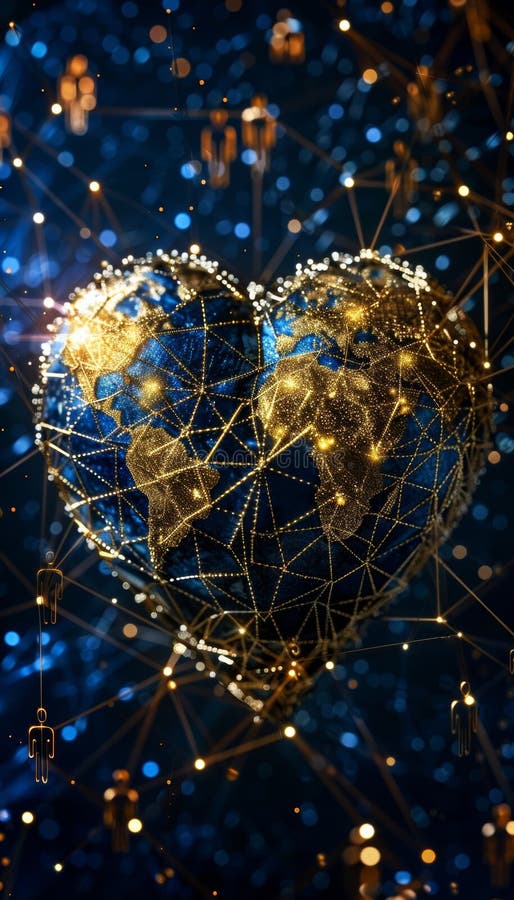 Realistic Image of a Gold Heart with Dark Blue World Map and Network of ...