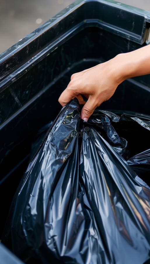 Realistic Image of a Hand Placing a Black Trash Bag into a Waste ...