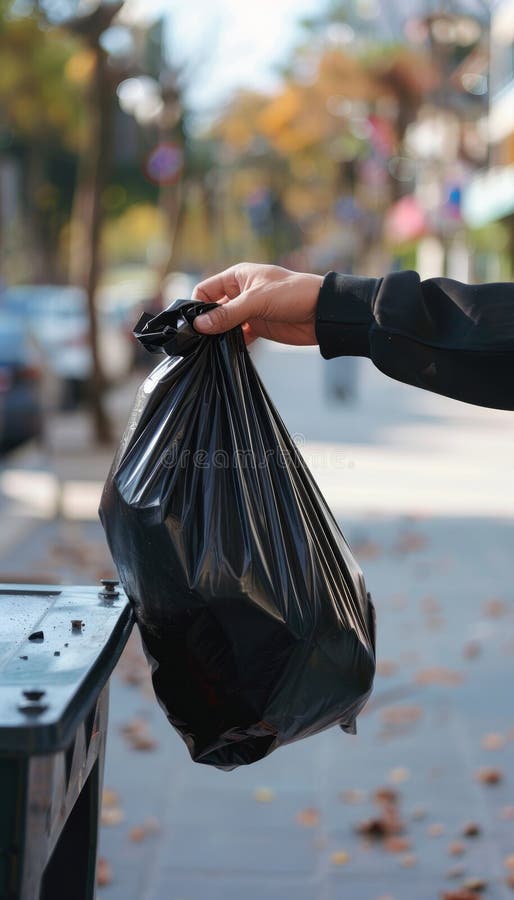 Realistic Image of a Hand Throwing a Black Garbage Bag into a Public ...