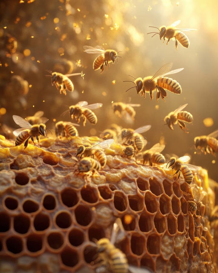 Buzzing Honeybee Hive in Detailed Vibrant Golden Light Scene Stock ...