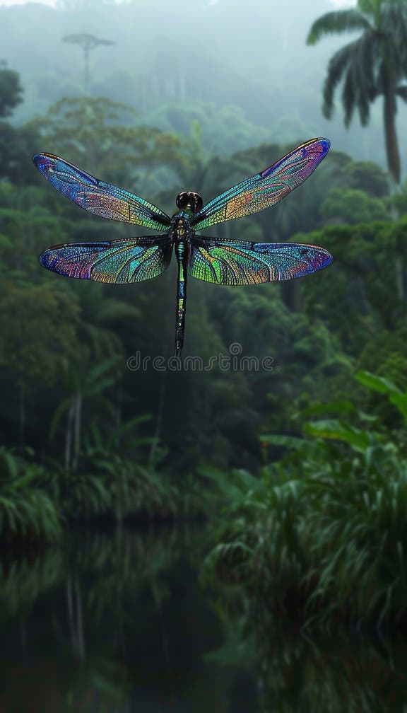 Realistic Image of an Iridescent Metallic Dragonfly Gliding Over the ...