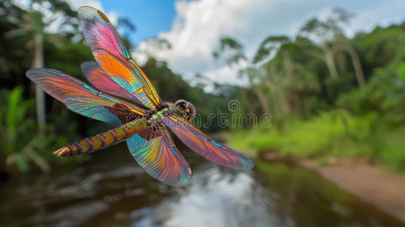 Realistic Image of an Iridescent Metallic Dragonfly Soaring Low Over ...