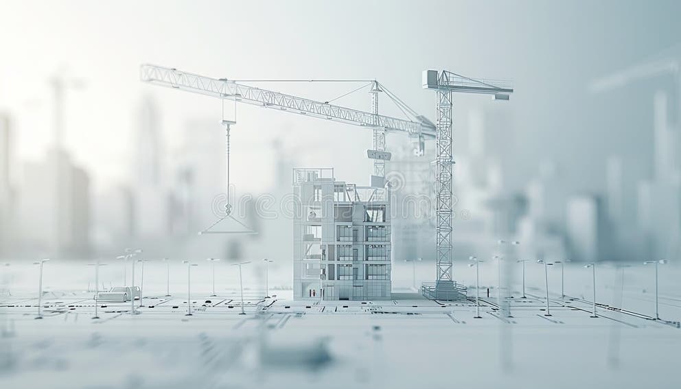 Realistic Image of a Modern Building Construction on Blueprints with ...