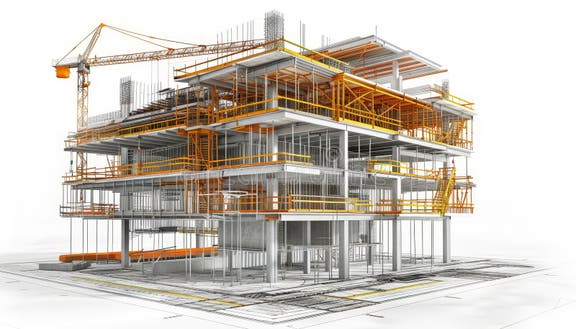 Realistic Image of Modern Building Construction with Blueprints, Cranes ...