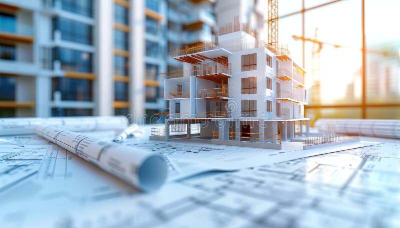 Realistic Image of Modern Building Construction Model on Blueprints ...