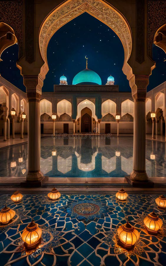 Realistic Image of a Mosque with Lanterns Glowing Stock Illustration ...