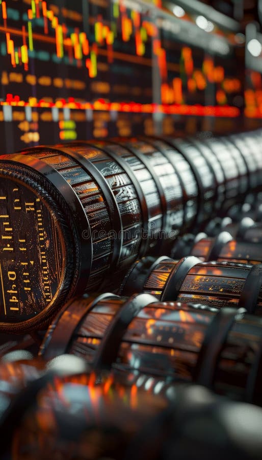 Realistic Image of Oil Barrels Alongside a Dynamic Stock Chart Showing ...
