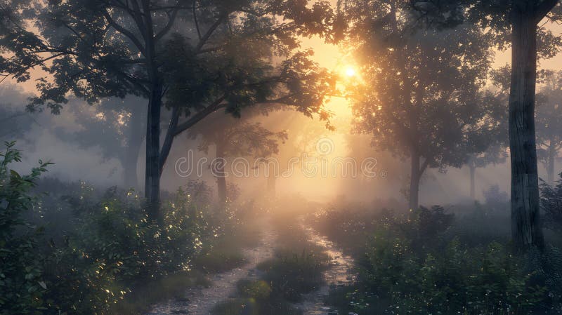 Realistic Image of a Pathway through a Foggy Forest. Stock Illustration ...