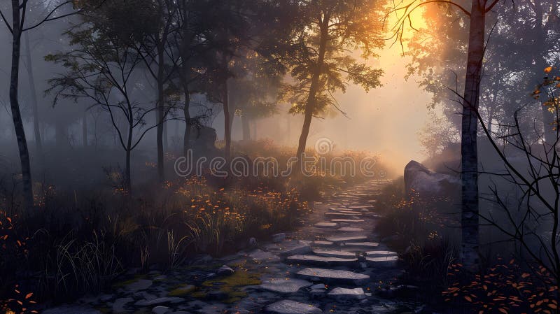 Realistic Image of a Pathway through a Foggy Forest. Stock Illustration ...