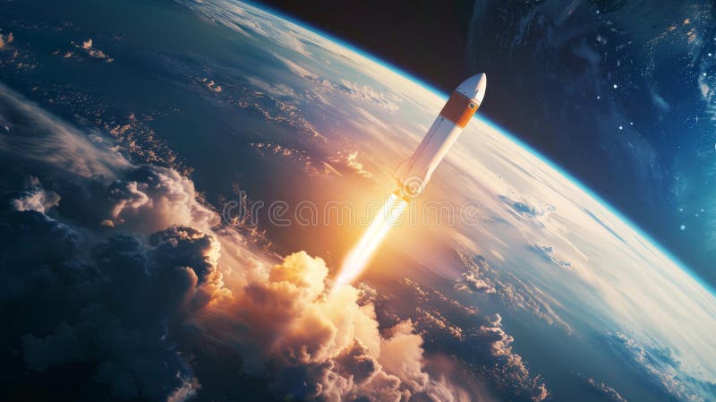 Rocket Flying through the Air Above Earth Stock Photo - Image of ...