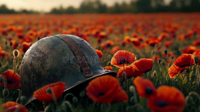 Realistic Image of a Soldier Helmet Placed on a Field of Blooming ...
