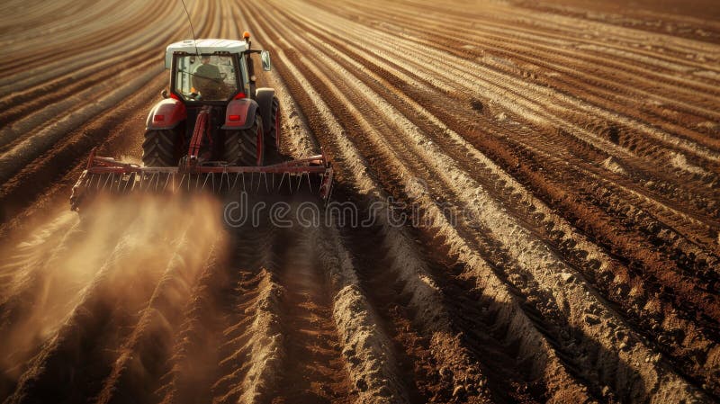 Realistic Image of Tractor Cultivating Soil for Planting with Rows ...