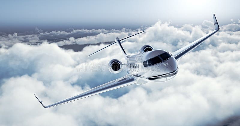 Realistic Image of White Luxury Generic Design Private Jet Flying Over ...