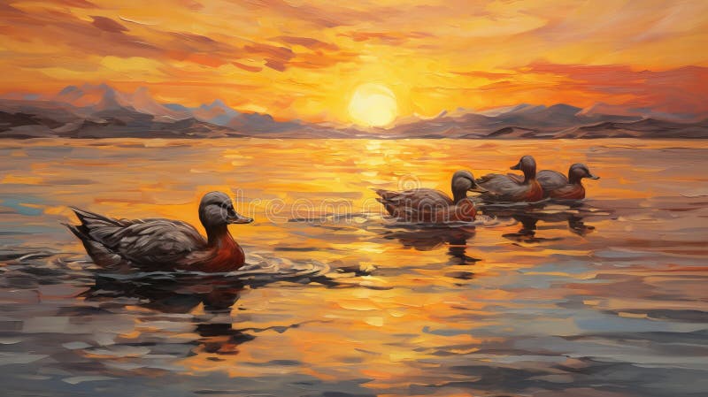 Realistic Impressionism: Ducks Swimming at Sunset Stock Illustration ...