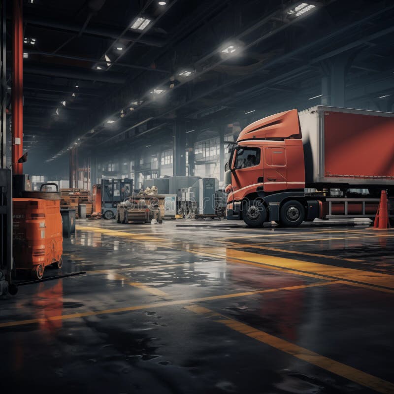 Realistic Indoor Loading Dock with Multiple Trucks Stock Illustration ...