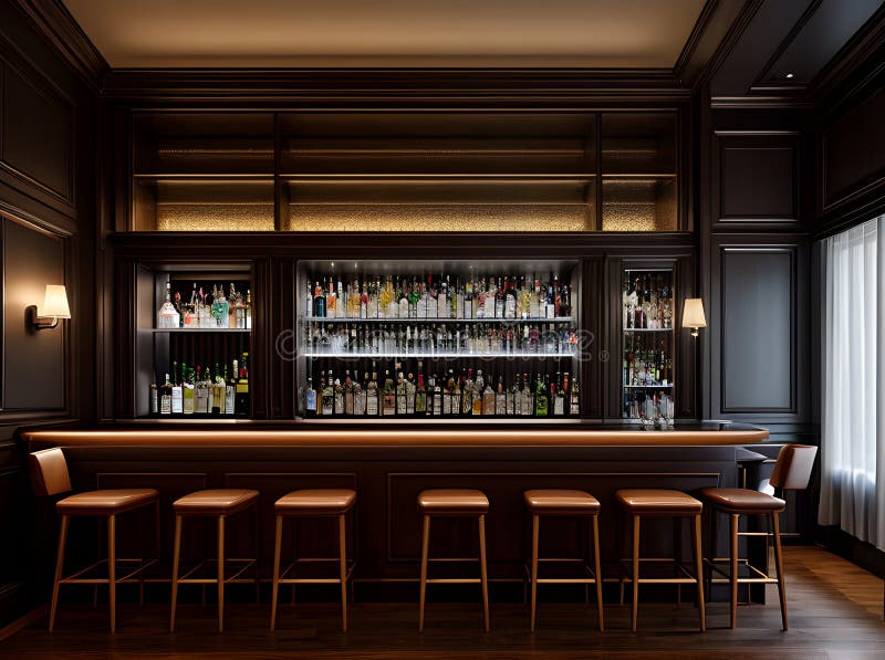 Realistic Interior Design Bar Medium Shot Hyperdetailed. Stock ...