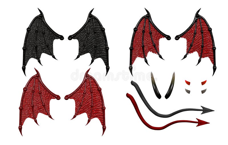 3D Render : Realistic Isolated Demon Wings, Pair of Devil Wings, Horns ...