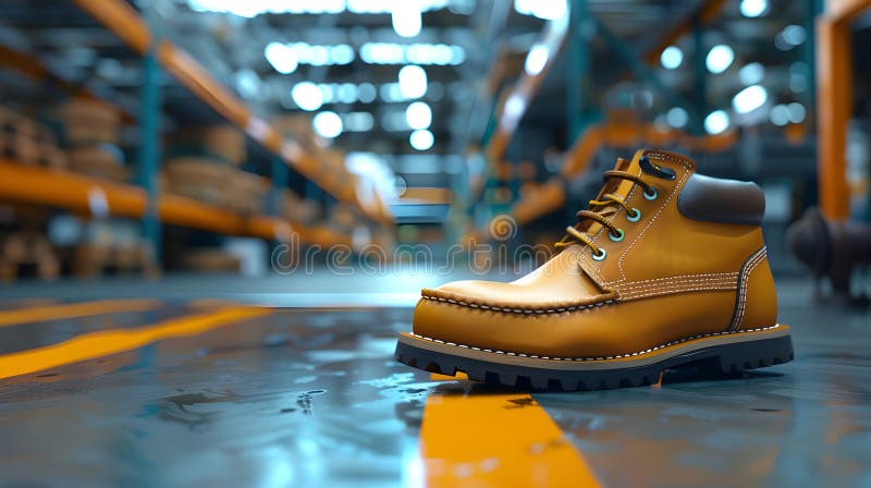 Realistic 8K High-definition Image of Safety Work Shoe on Factory Floor ...