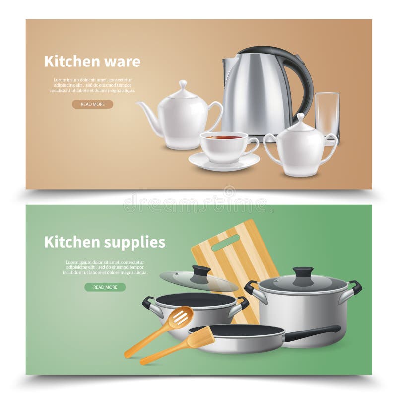 Realistic Kitchen Supplies Banners Stock Vector - Illustration of ...