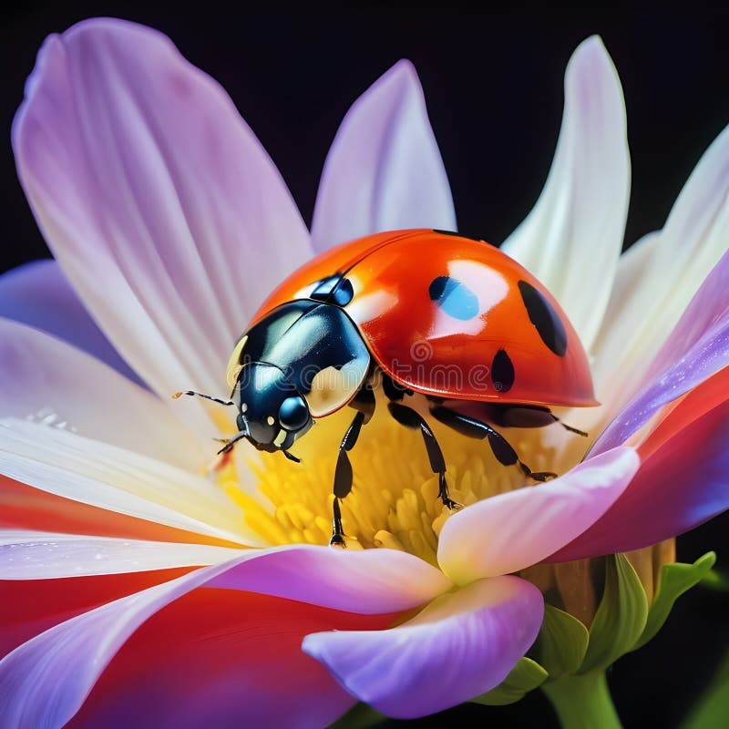 Realistic Ladybug Resting on Petals with a Vibrant Rainbow Behind Stock ...