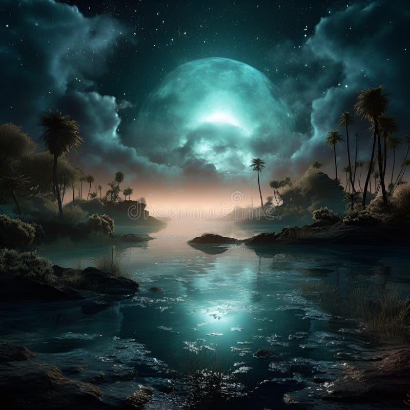 Realistic Lagoon Under Moonlight Stock Photo - Image of night, lagoon ...