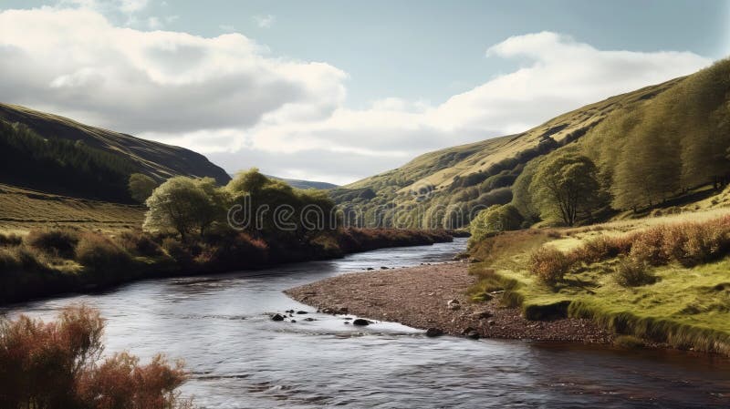Realistic Landscape: River and Hill Stock Illustration - Illustration ...