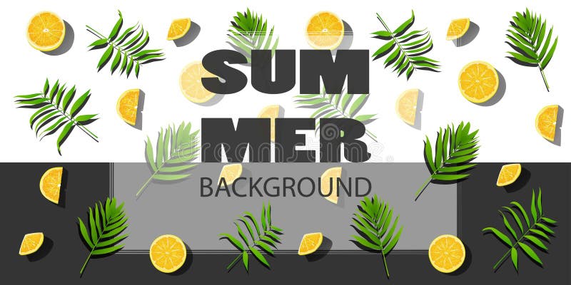 Realistic Lemon and Palm Leaves Beach Summer Landscape Background ...