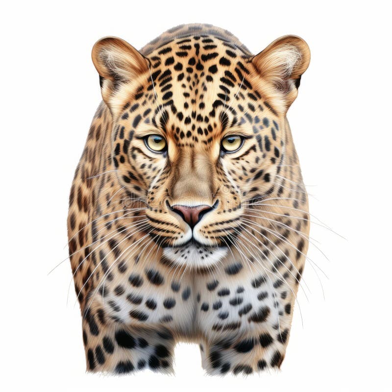 Realistic Leopard Close-up Flat Drawing Front View on White Background ...
