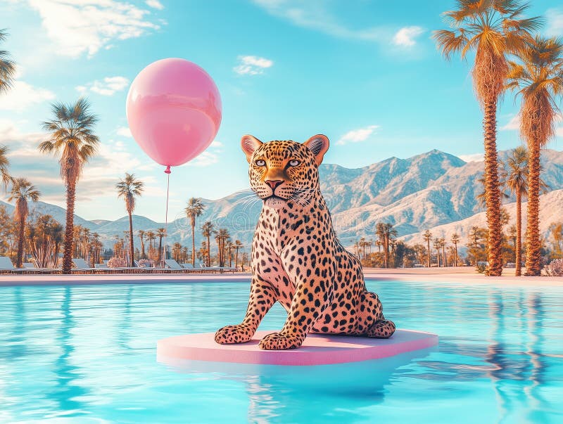 Realistic Leopard on Pastel Poolside Against Mountain Backdrop Stock ...