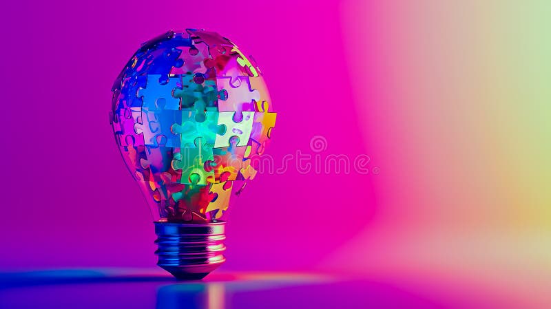 Realistic Light Bulb Made of Colorful Puzzle Pieces on Soft Solid ...