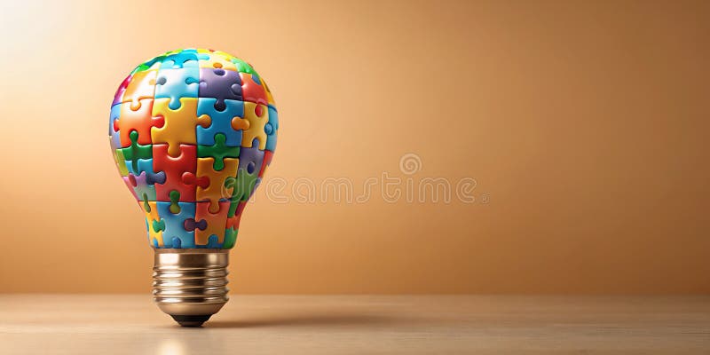 Realistic Light Bulb Made of Colorful Puzzle Pieces on Soft Solid ...