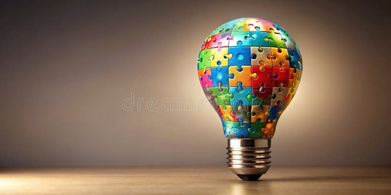 Realistic Light Bulb Made of Colorful Puzzle Pieces on Soft Solid ...