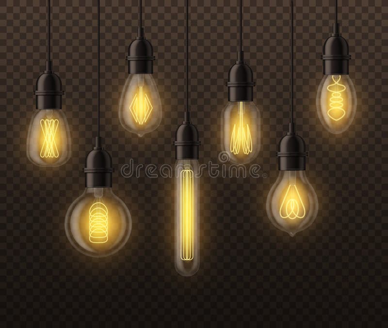 Realistic Light Bulbs. Hanging Vintage Edison Glowing Lamps. Realistic ...