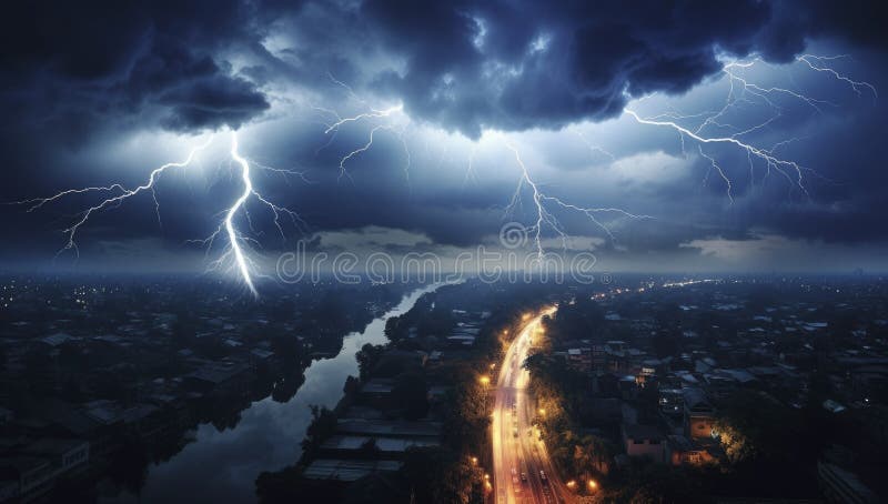 Realistic Lightning Bolts Flashes Composition with View of Night City ...