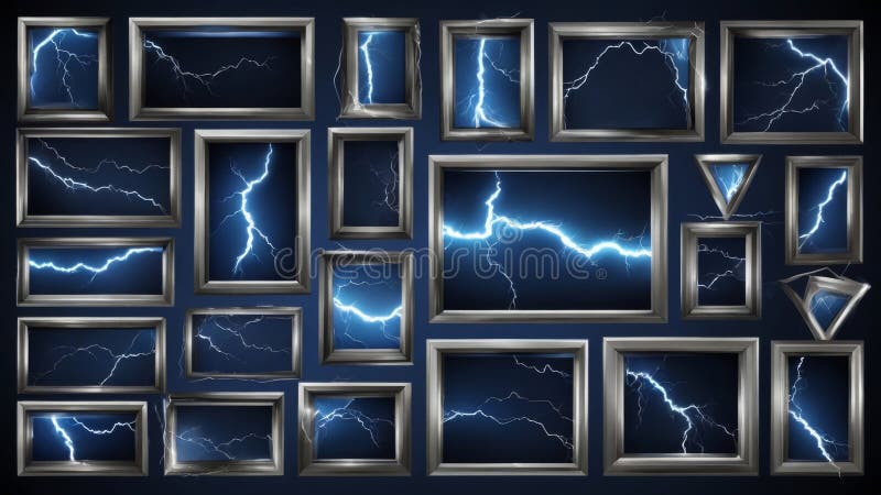 Realistic Lightning Striking in Metal Frames on Blue Background Stock ...