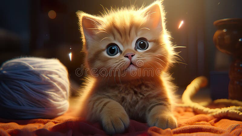 Realistic Little Kitten Playing with Wool, Photorealistic Artwork Stock ...