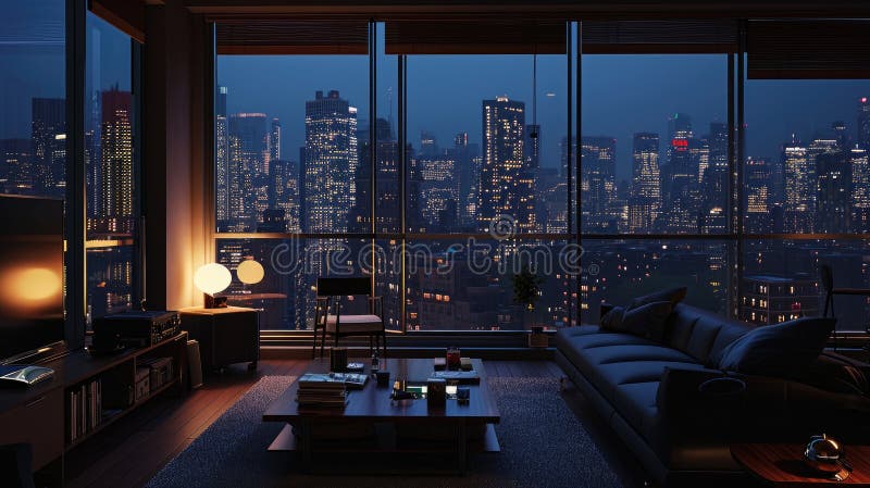 Realistic Living Room at Night with a Cityscape View Stock Illustration ...